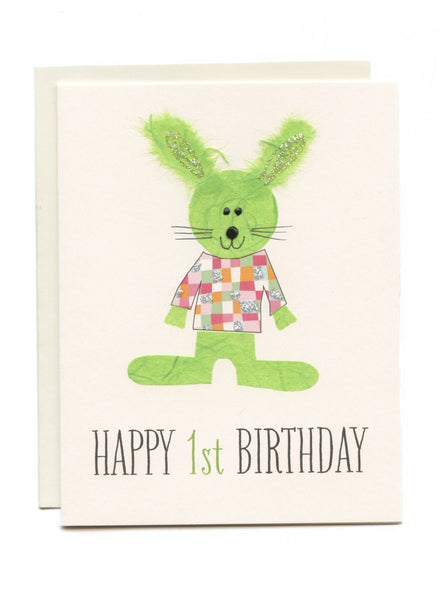 "Happy 1st Birthday" Bunny with Checkered Shirt – Flaunt Cards